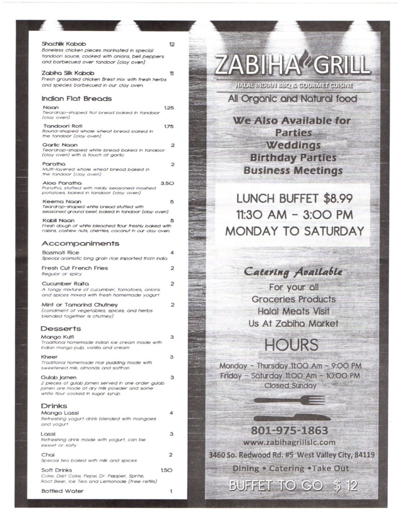 Zabiha Grill menu – SLC menu
