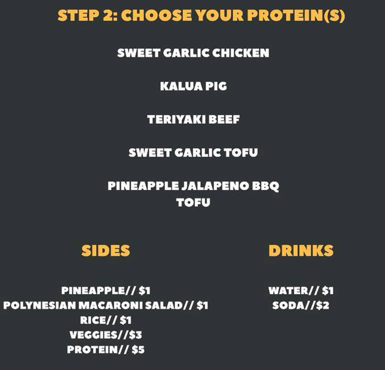 The Salty Pineapple menu – step two choose protein and sides – SLC menu