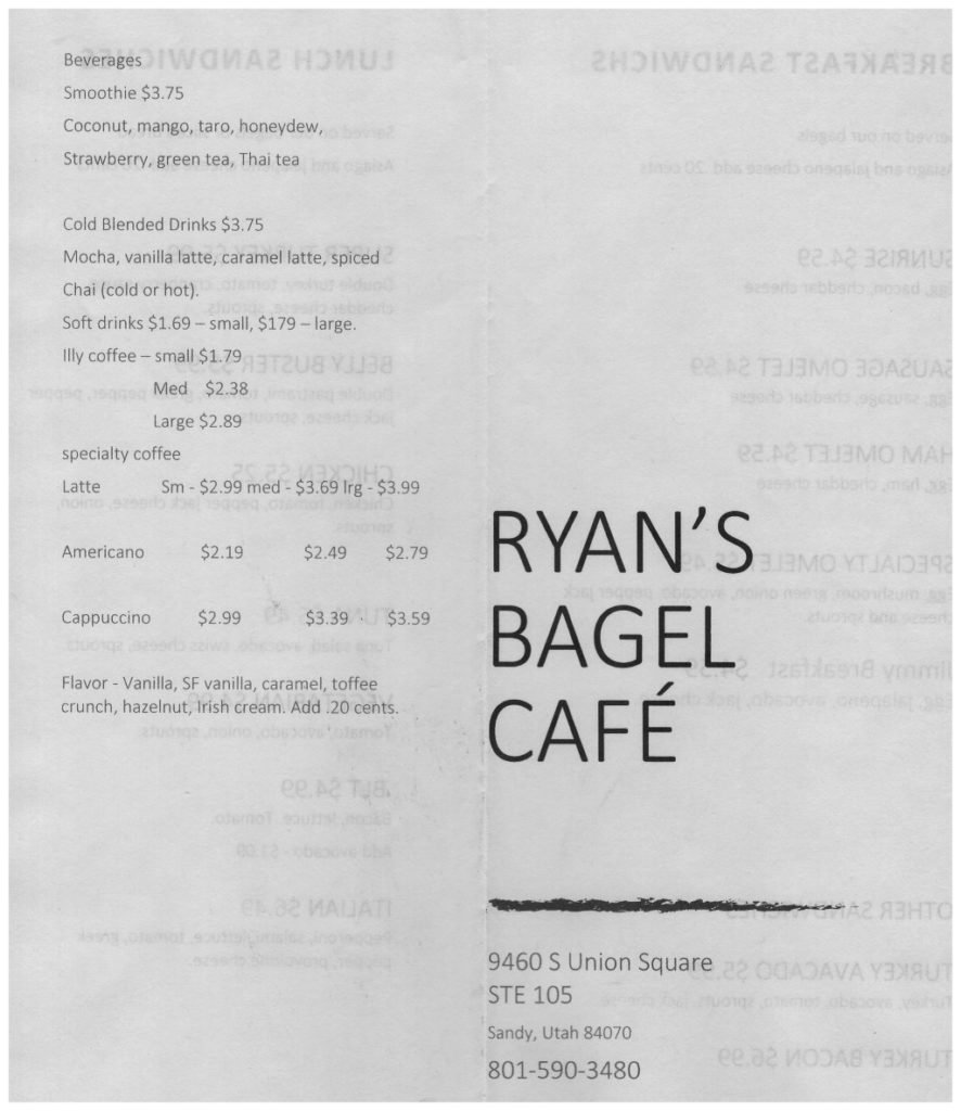 Ryan’s Bagel Cafe menu – SLC menu
