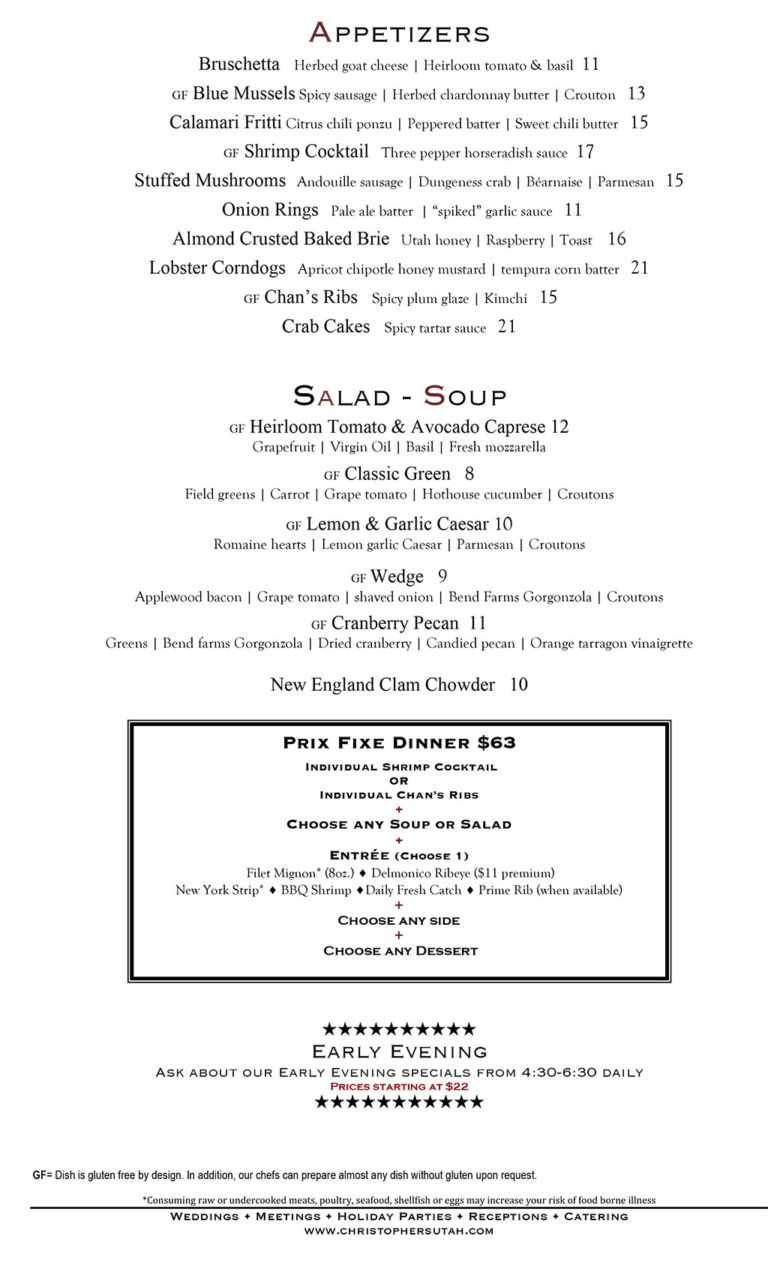 Christopher’s Steak House menu – SLC menu
