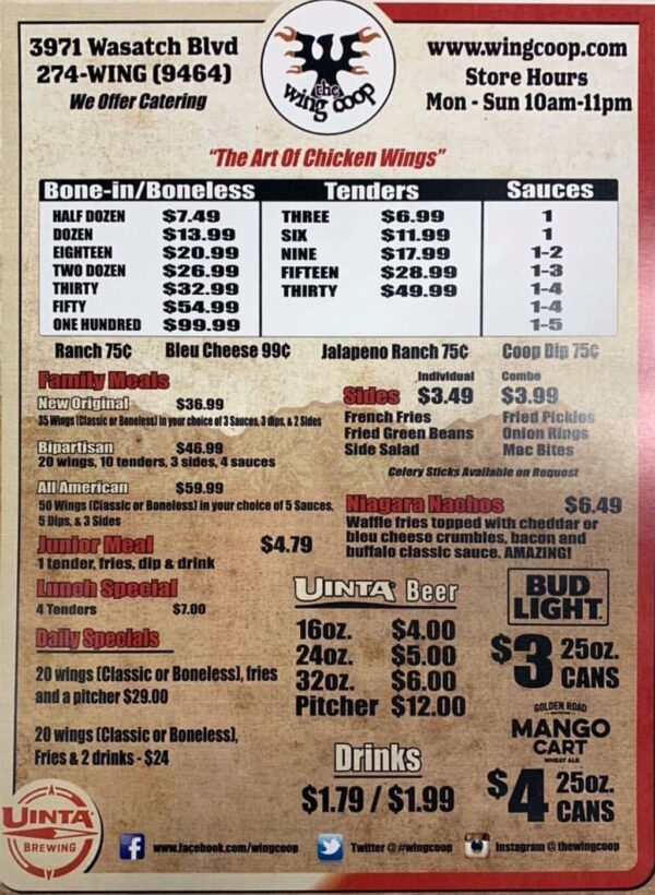 Wing Coop menu – SLC menu